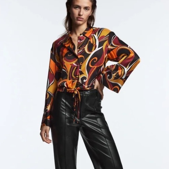 Zara | Tops | Zara Swirl Pattern Tie Front Blouse | Poshmark